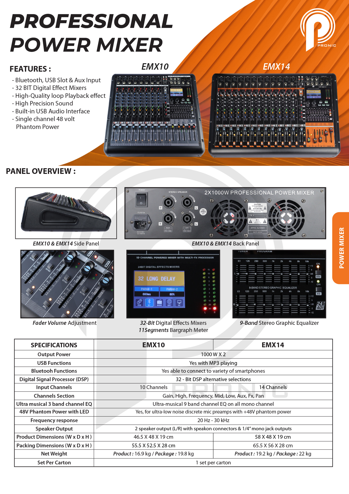 PRONIC 10 Channel Power Mixer 2x1000W With Bluetooth USB Audio ...