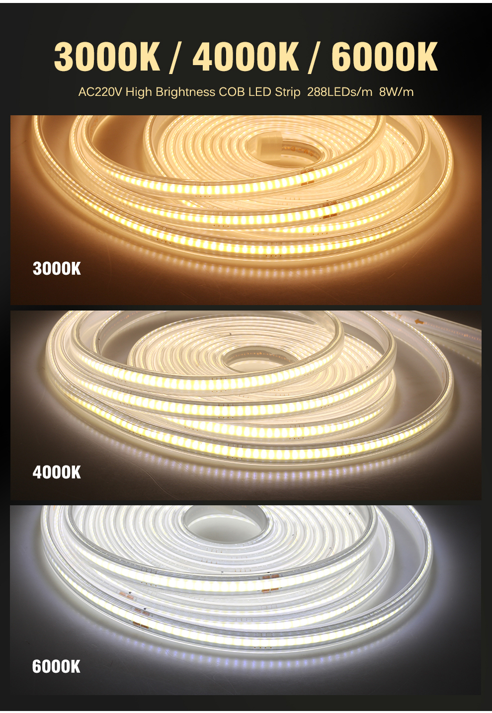 220V COB Strip 288LEDs 8W/m with EU Plug and Switch Not Dazzling ...