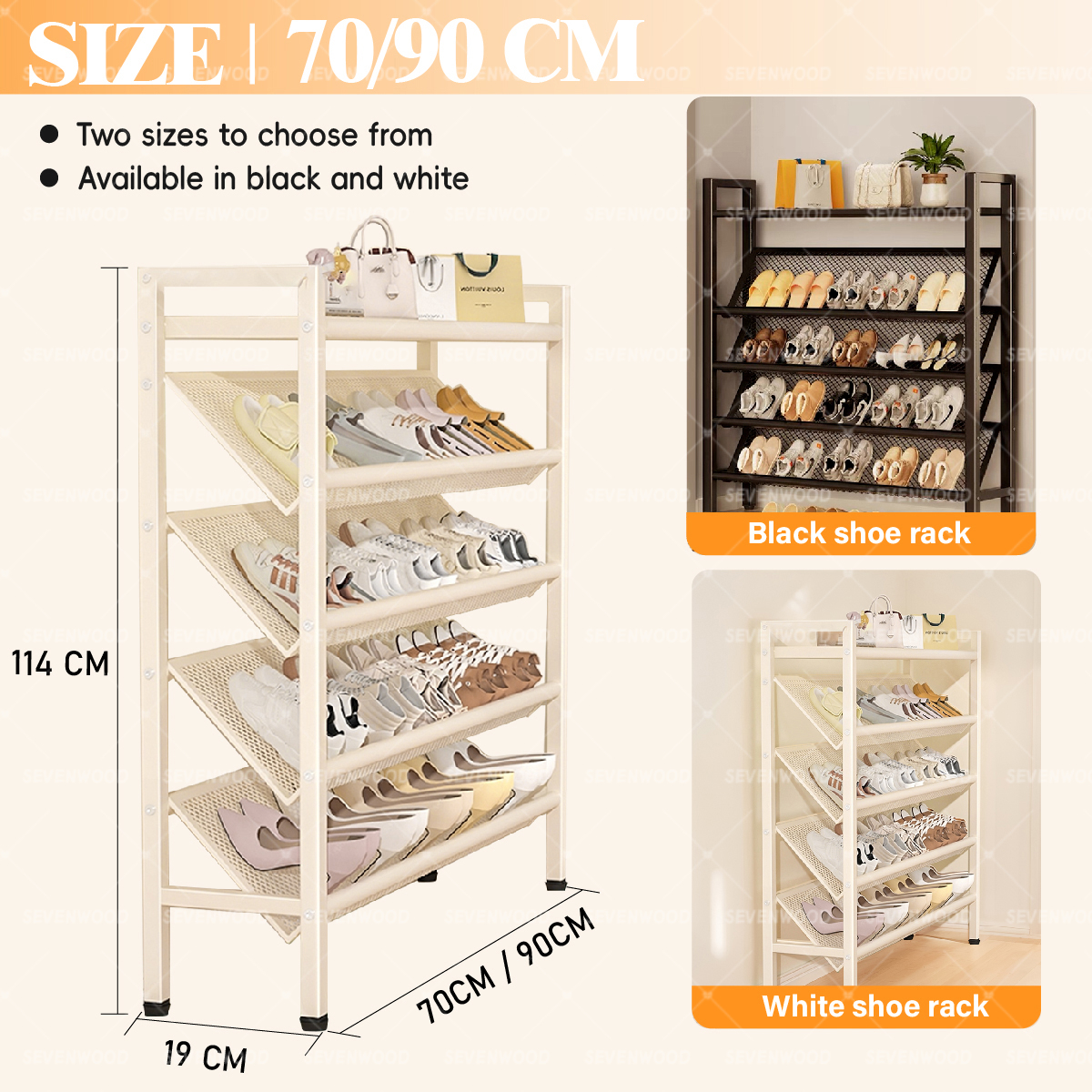 SEVENWOOD Shoe Rack Rak Kasut 5 Layers 70/90cm Storage Shelf Shoe Shelf ...