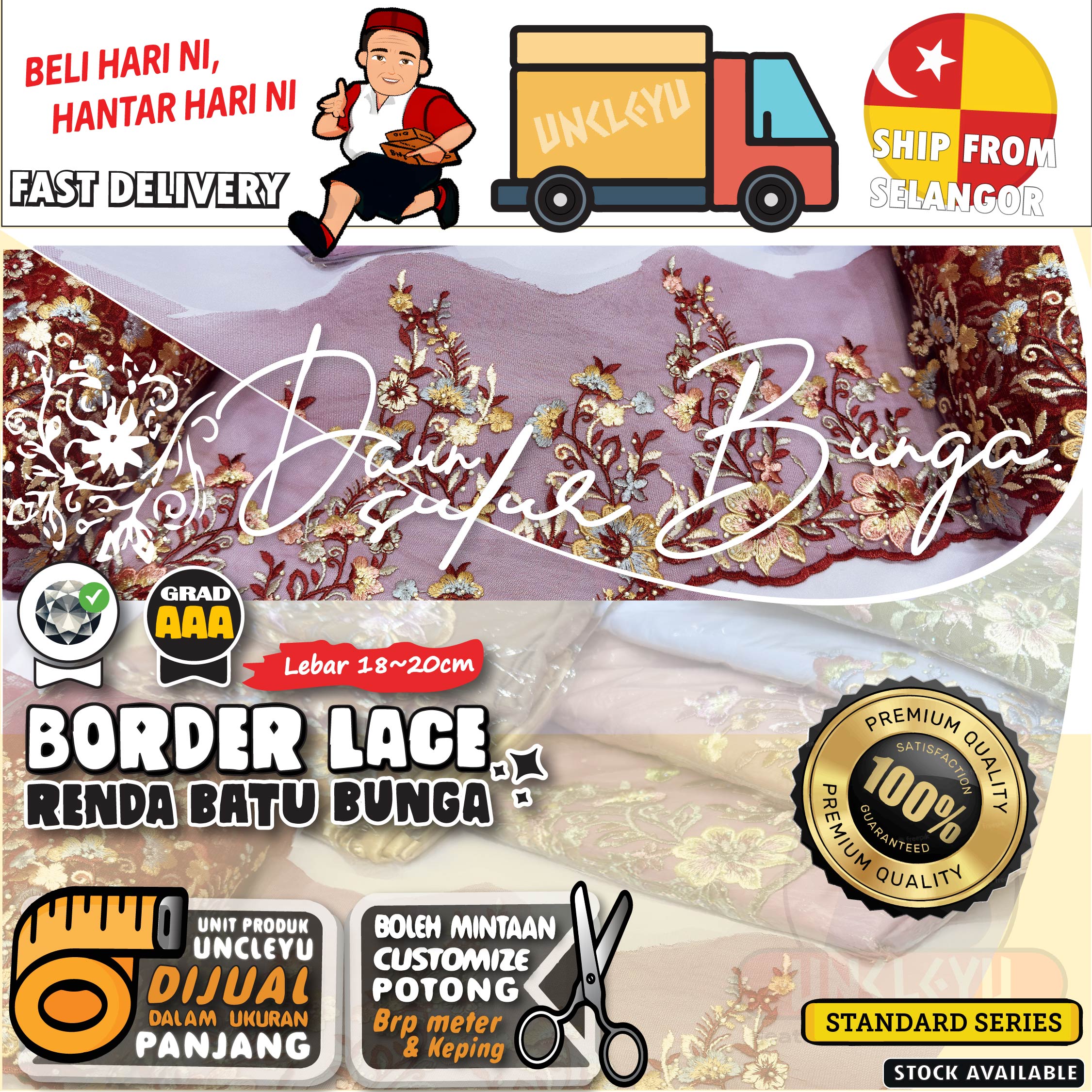 Renda Border Lace Batu Kilat/Batu Renda Daun Sulur Bunga/Lebar 18~20cm ...