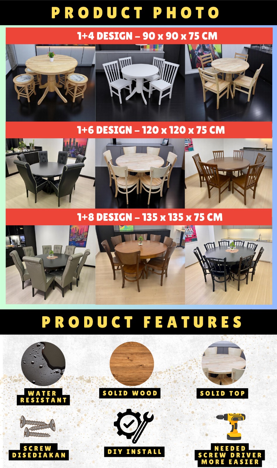 familystar2u - 3ft 4ft 4.5ft Round Table with 4 6 8 Stools Meja Bulat 4 ...