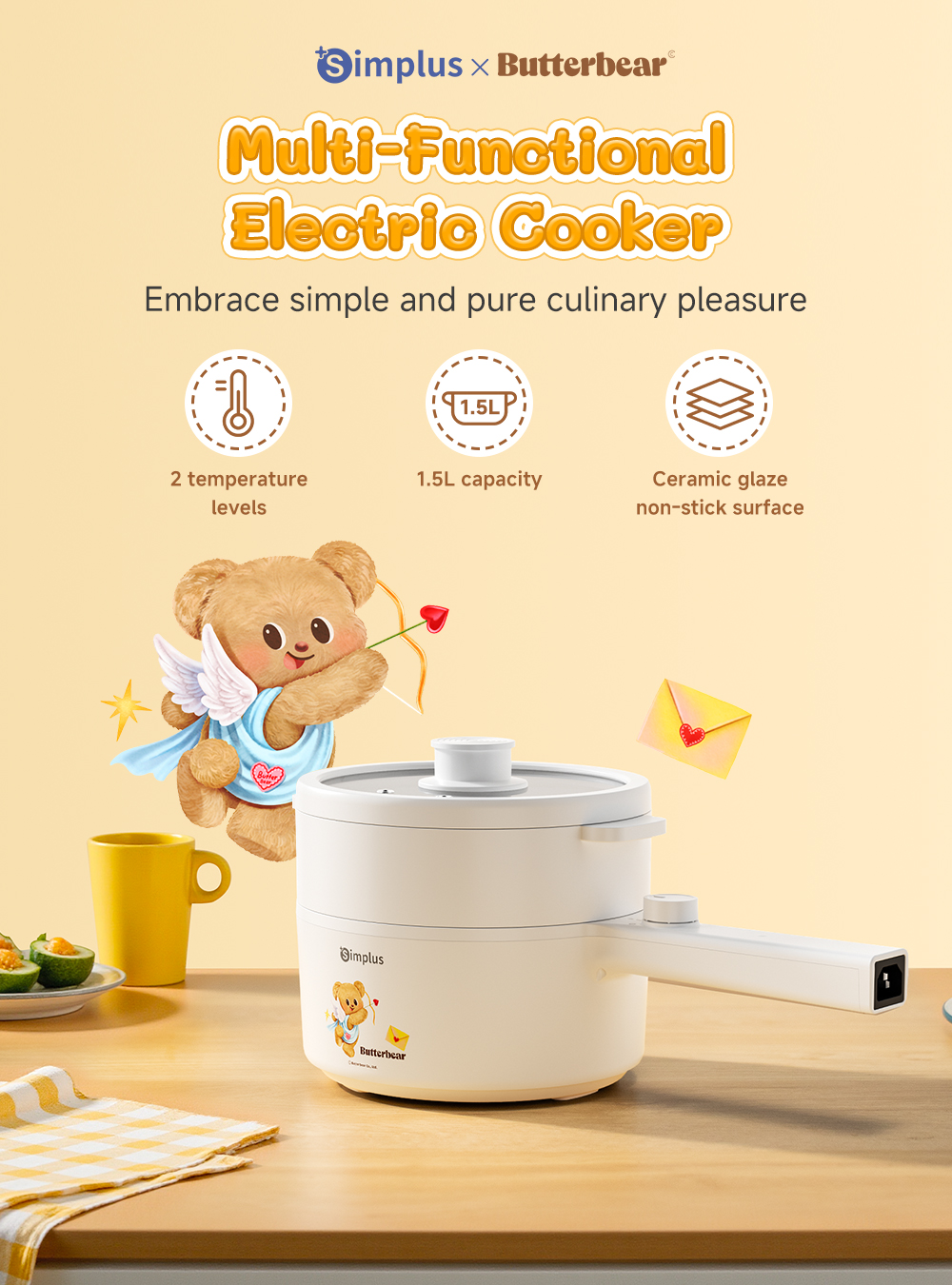 【Simplus×Butterbear】1.5L Non-Stick Electric Multi Cooker With Steamer ...