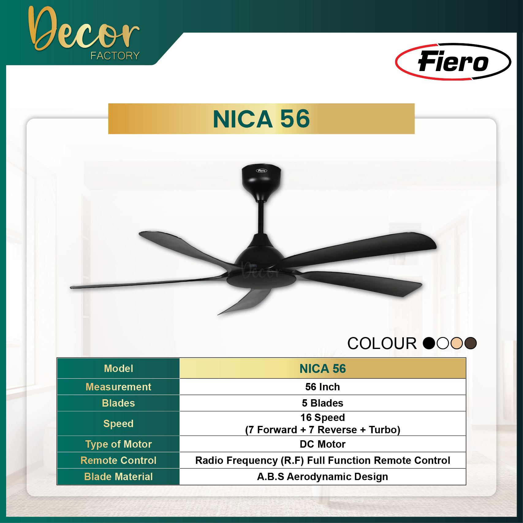 DEKA FIERO Fan FIERO NICA 56 Inch 5 Blades 16 Speed + Reverse + Turbo ...