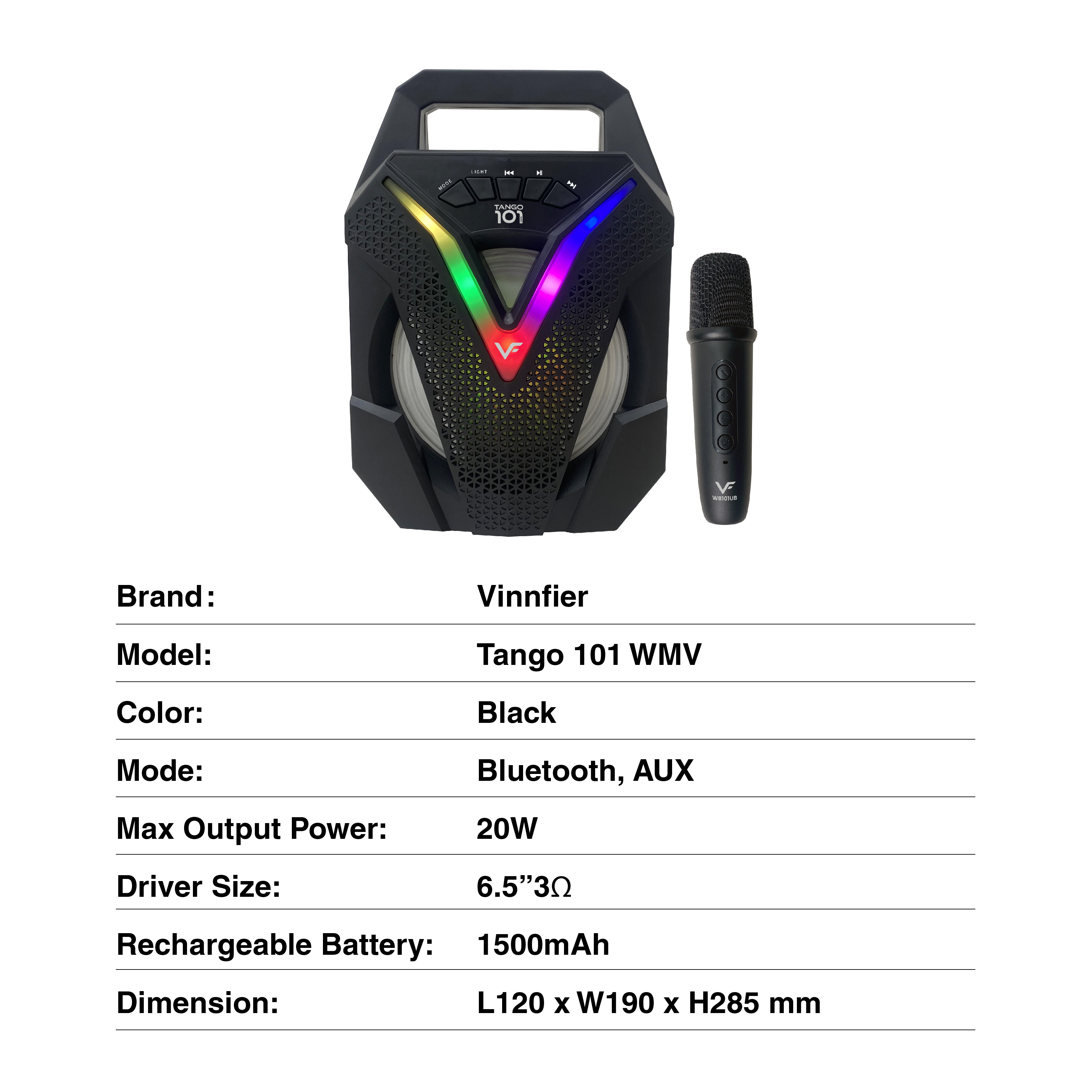 Vinnfier VF Tango 101 WMV 20W Max Portable Karaoke Bluetooth Speaker Wireless Microphone USB ...