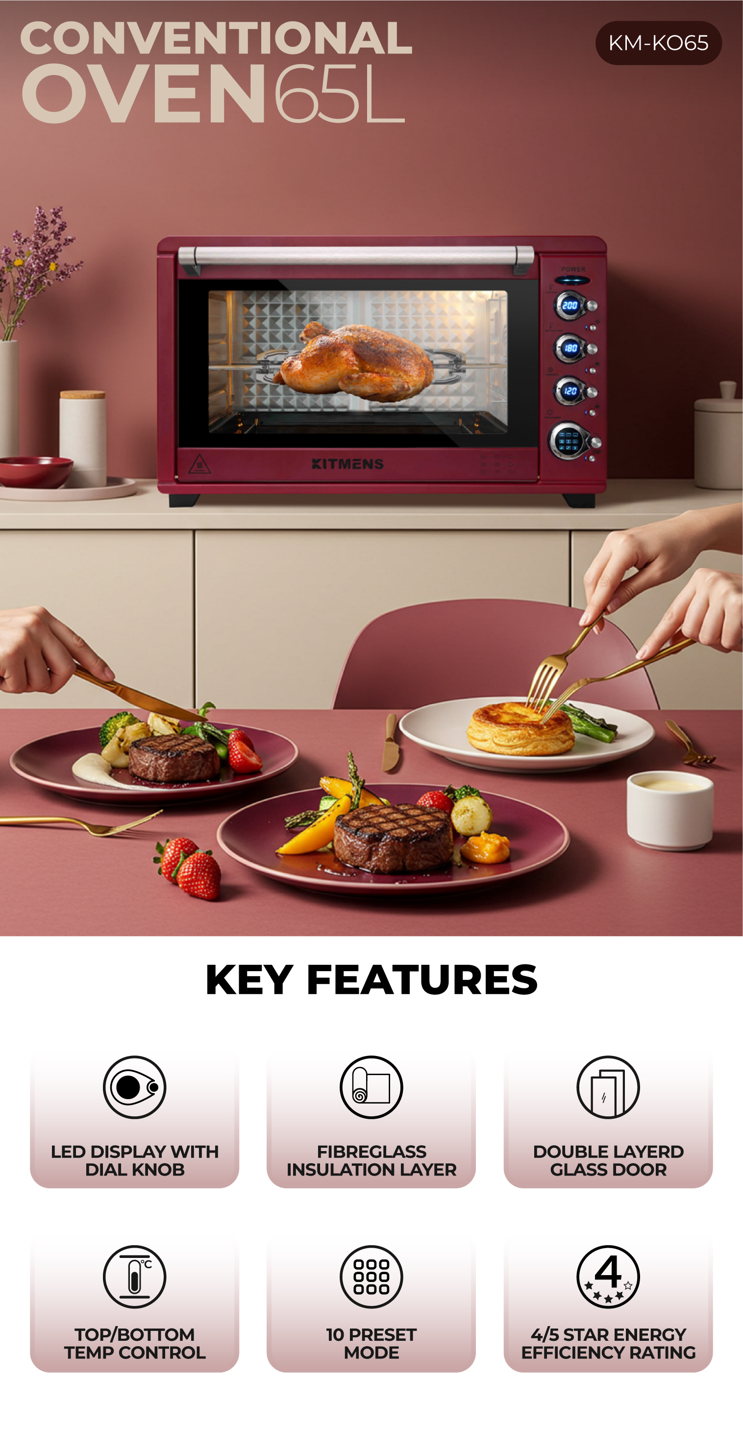 KITMENS KM-KO65 Digital Electric Smart 65L Stainless Steel Oven Kitchen ...
