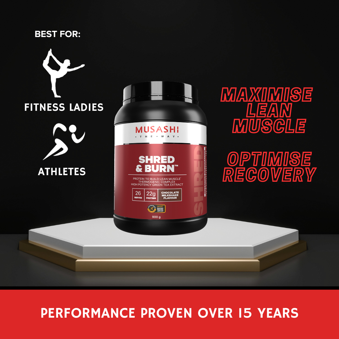 MUSASHI SHRED & BURN Protein Powder 900G to support lean muscle growth ...