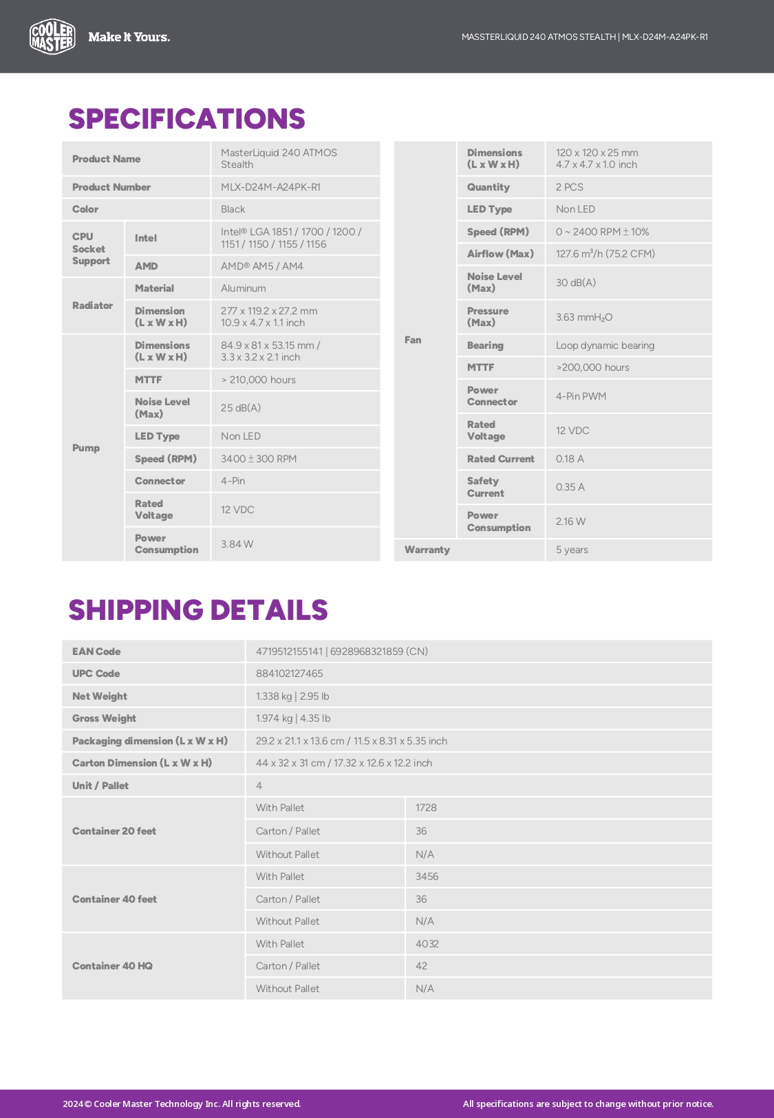 COOLER MASTER MASTERLIQUID ATMOS STEALTH 240mm / 360mm AIO LIQUID ...