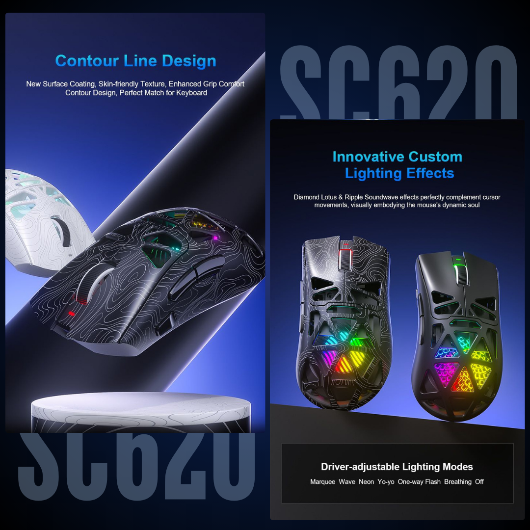AULA SC620 Wireless Mouse 12000 DPI RGB Hollow Out 8 Button Lightweight ...
