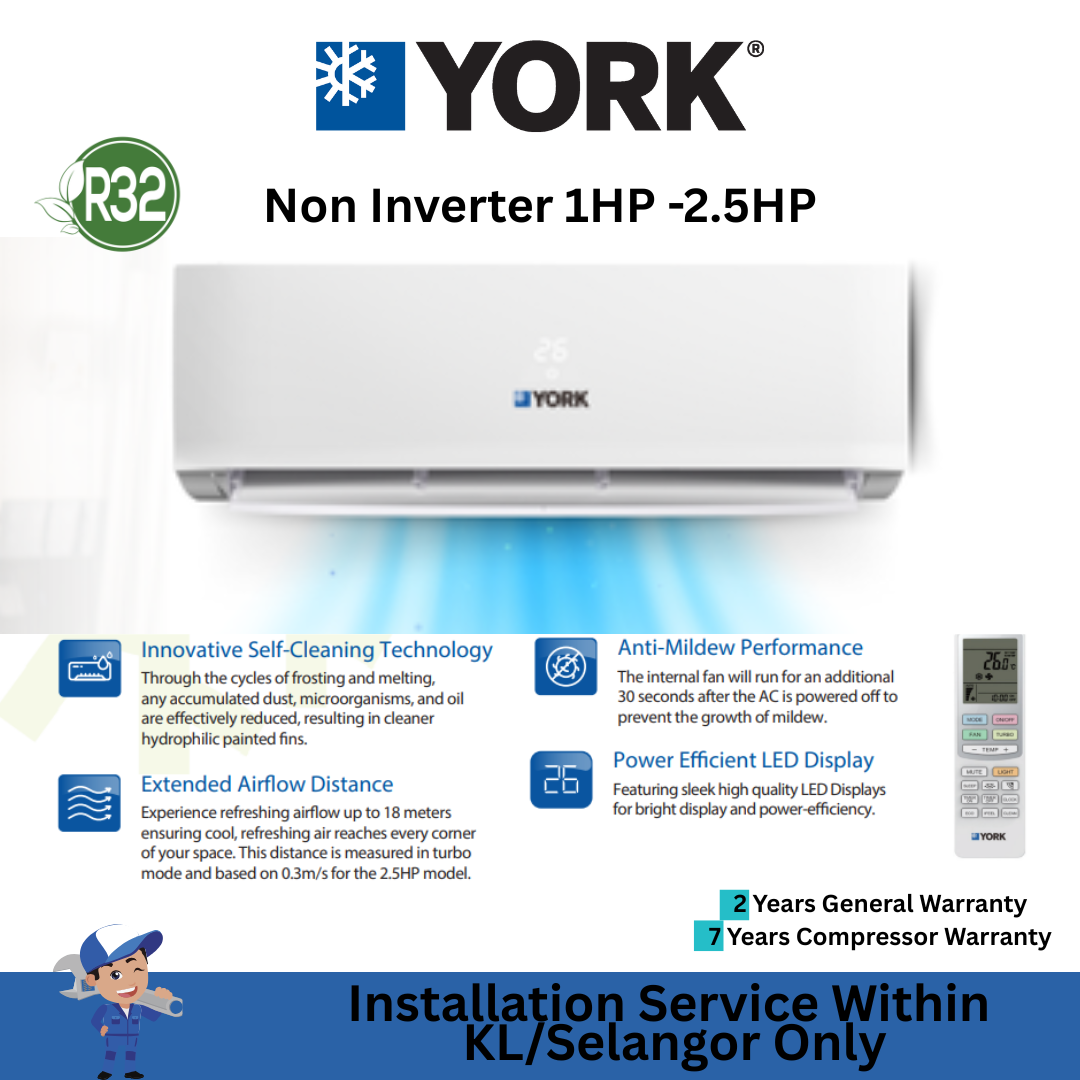 York Air Conditioner Non Inverter R32 1Hp 1.5Hp 2HP 2.5HP | Shopee Malaysia
