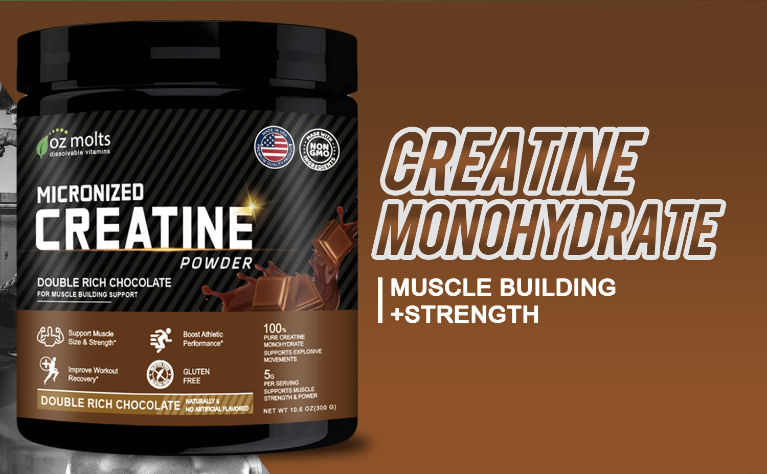Ozmolts Chocolate Flavor Creatine Powder Boost Strength Power Creatine ...