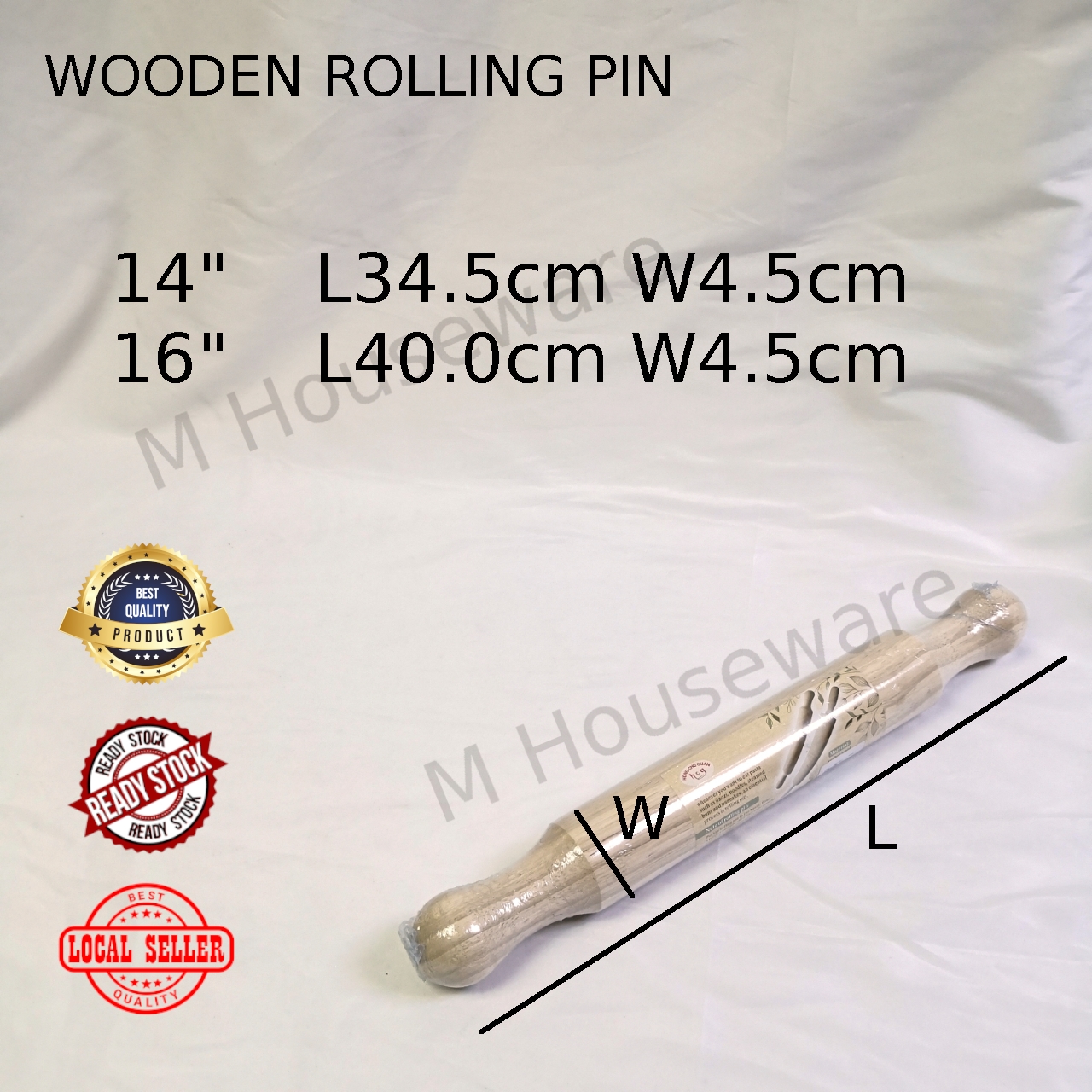 Penggelek Doh Tepung Kayu Gelek 14"-16" Wooden Rolling Pin Rubber Wood ...
