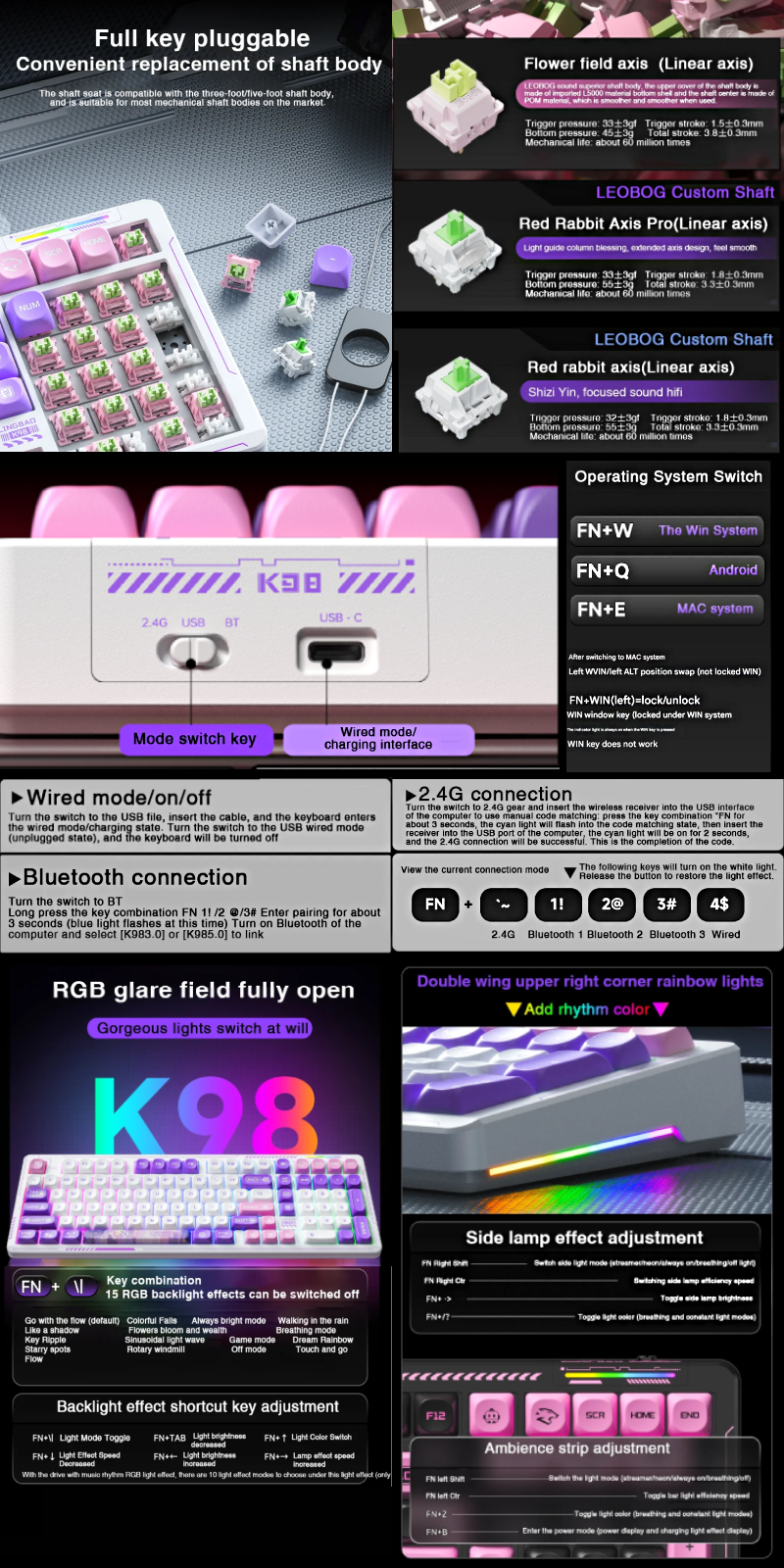 Lingbao K98 Pro 101 Key RGB Three Mode Wired/Bluetooth/2.4G Mechanical Gaming Keyboard 10000mAh ...