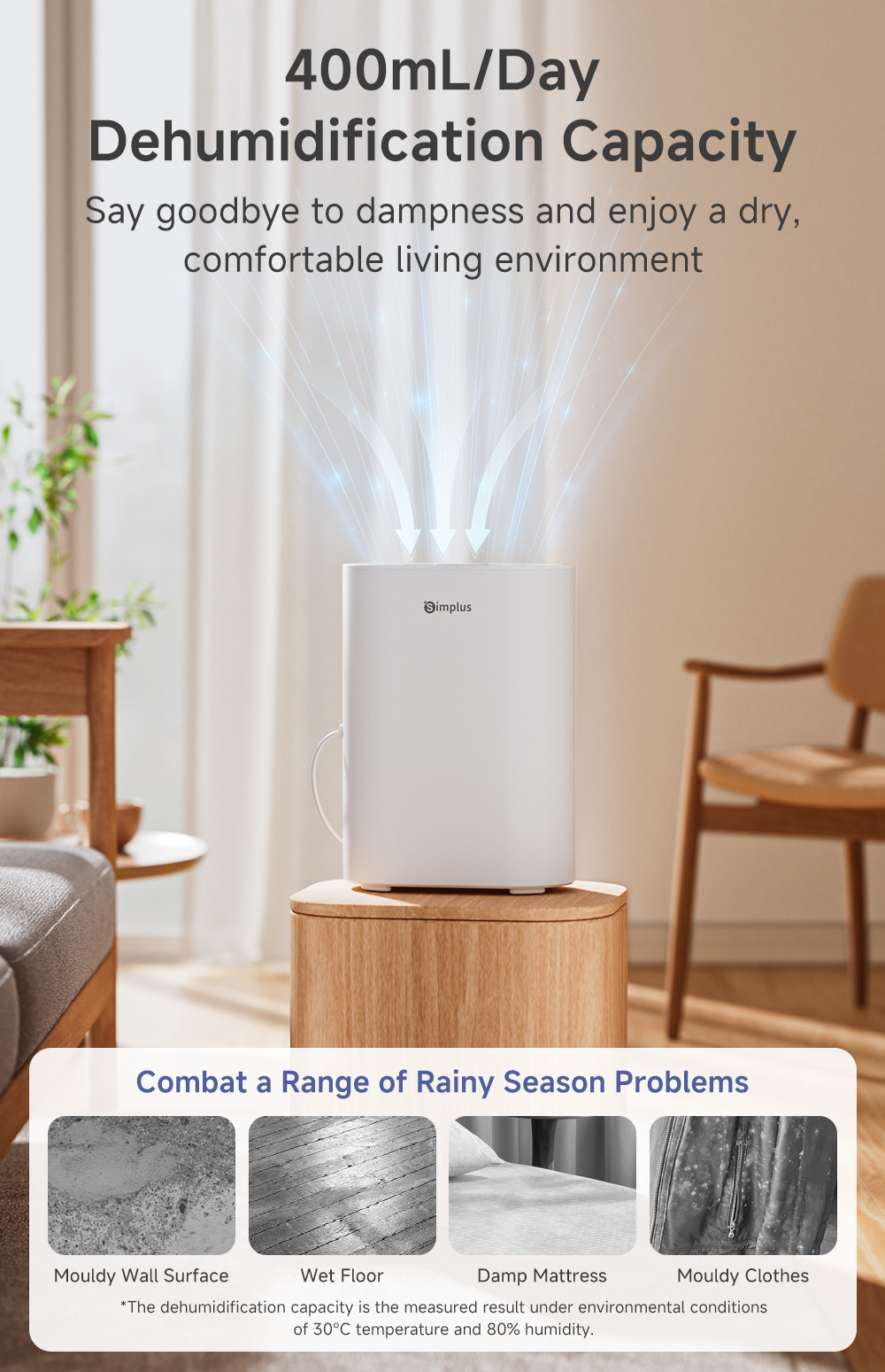 Simplus Dehumidifier | 400ml/Day | 2.5L Water Tank