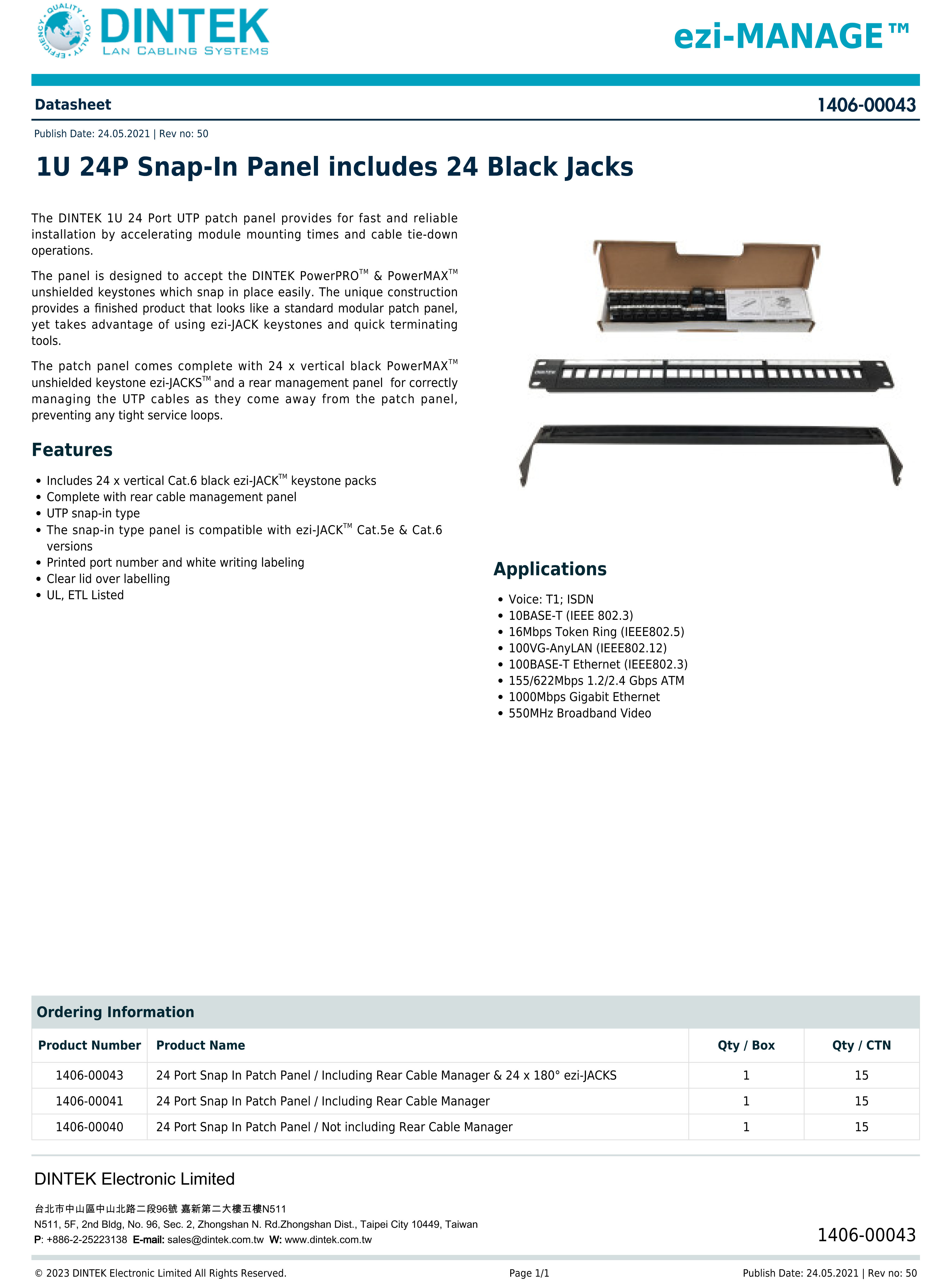 19" Dintek 24 Ports Snap-In Cat6 Patch Panel with Keystone Jack ...