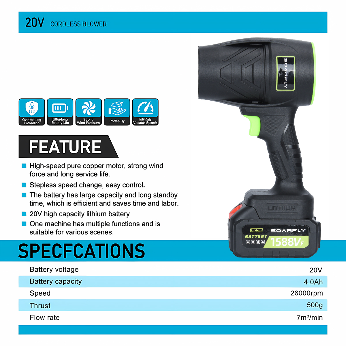SOARFLY Car Blower Handheld Turbo Jet Fan Lithium Strong Leaf Blowing ...