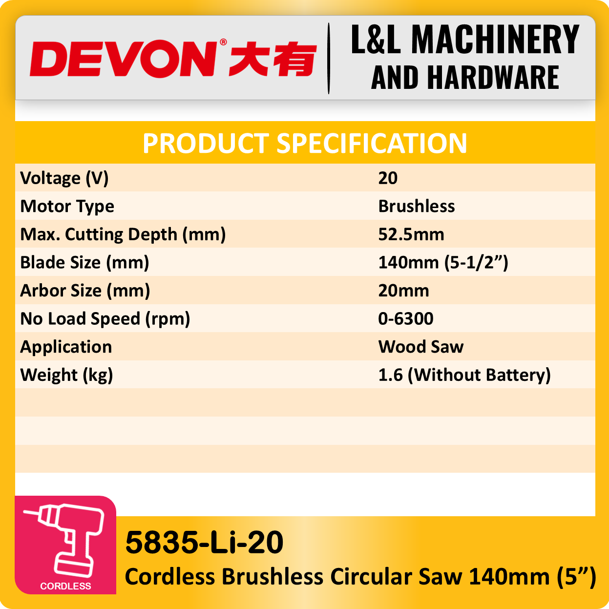DEVON 5835-Li-20 20V Brushless Cordless Circular Saw 140mm (5-1/2 ...