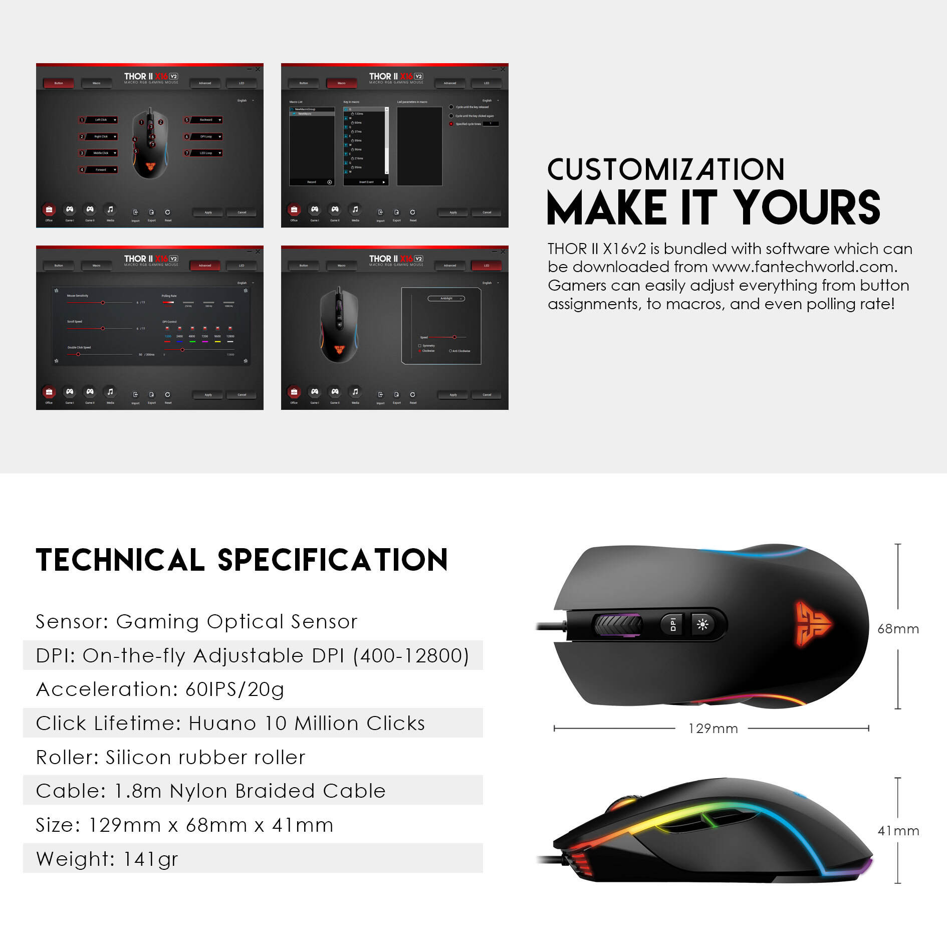 Fantech Thor II X16v2 Macro RGB Gaming Mouse | 6D Macro Buttons | 12800 ...