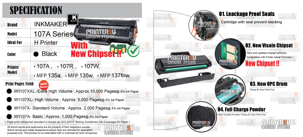 3x W1107A Toner Compatible to H* W1107X H*107A H* Laserjet 107A 107W ...