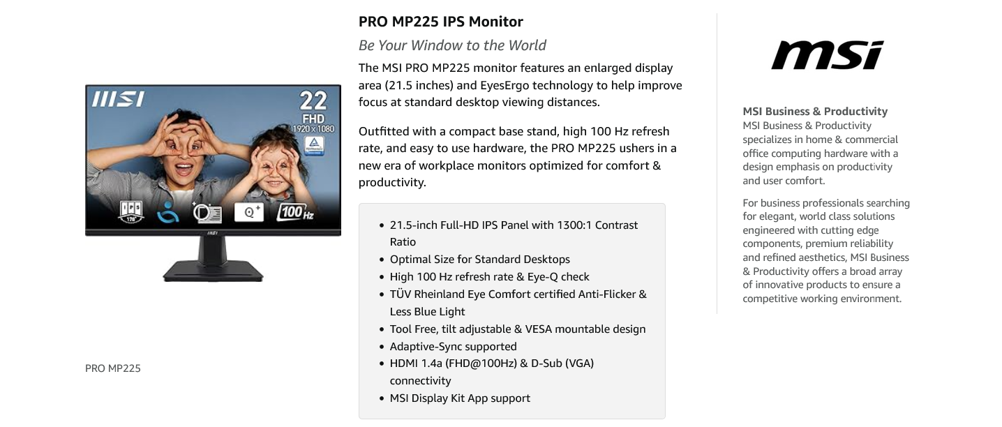 MSI Pro MP225 21.5" FHD 1920x1080 100Hz Eye-Friendly Screen,99% sRGB ...