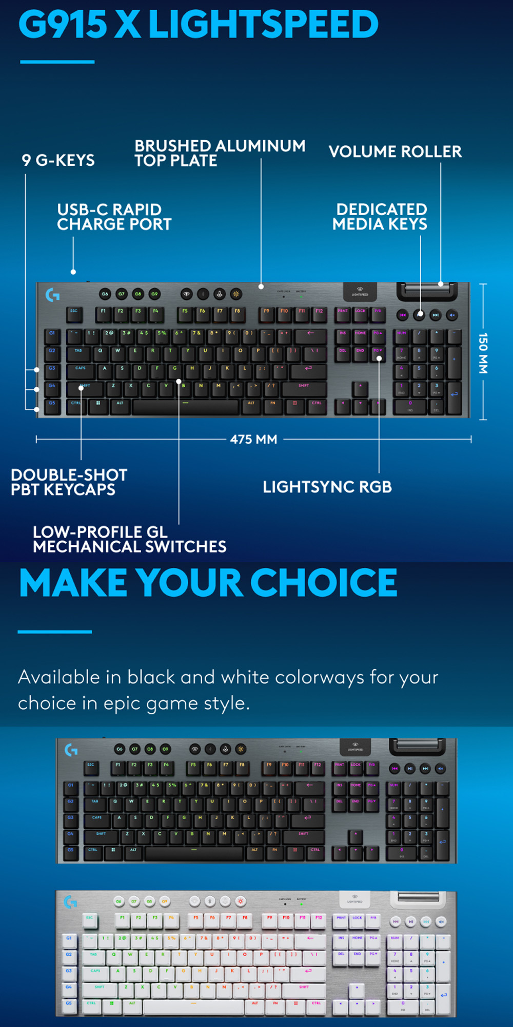 Logitech G915 X LIGHTSPEED Low-Profile Wireless Gaming Keyboard, Double ...