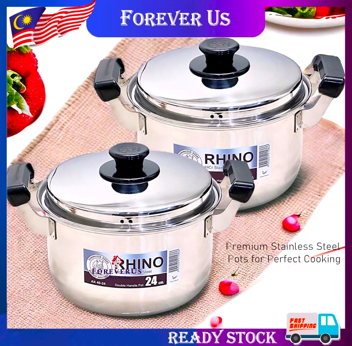 Double Handle Pot RHINO Brand / Stainless Steel Wok / Pot with Cover ...