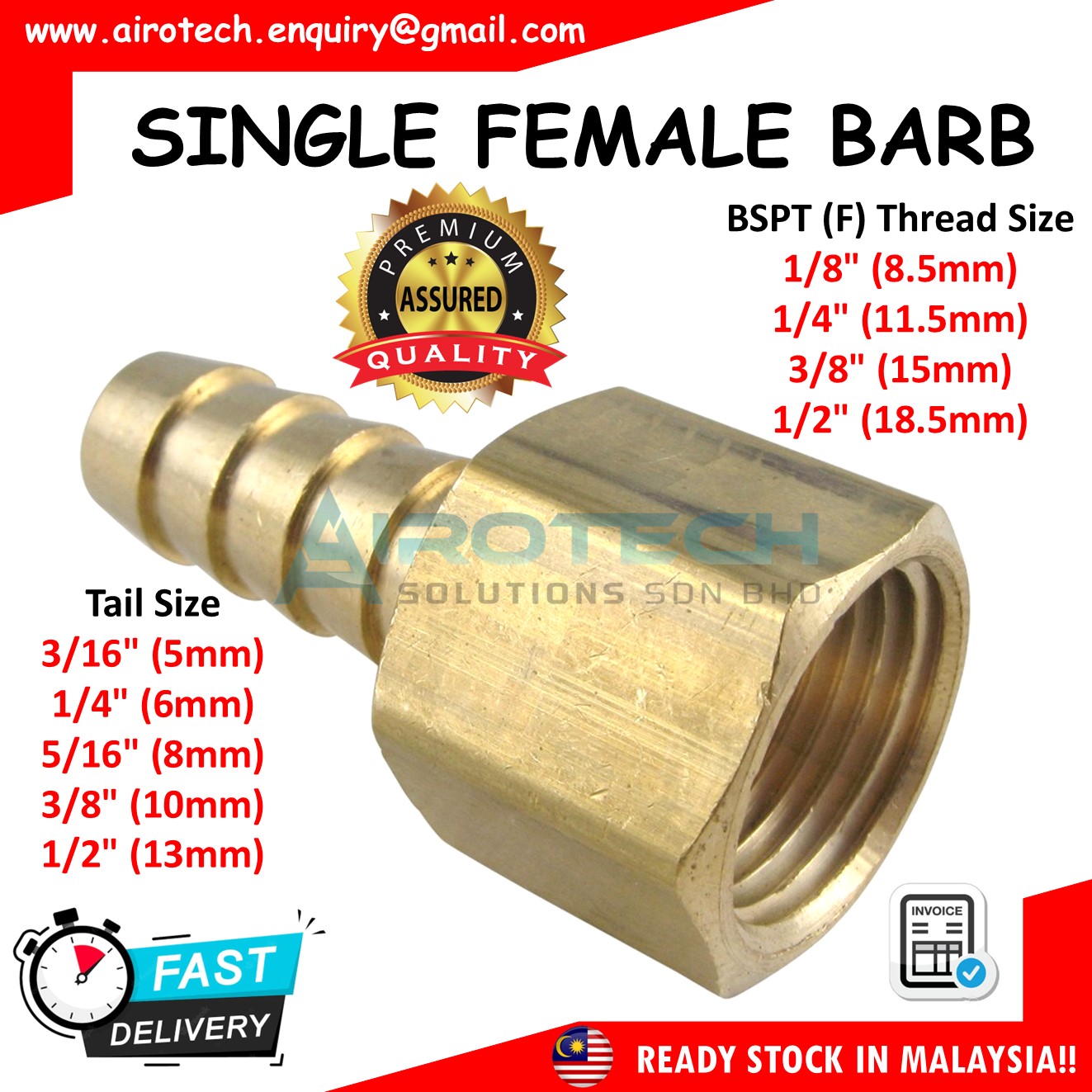 Brass Fitting Single Female Barb Connectors Hose Thread Fitting Nipple ...