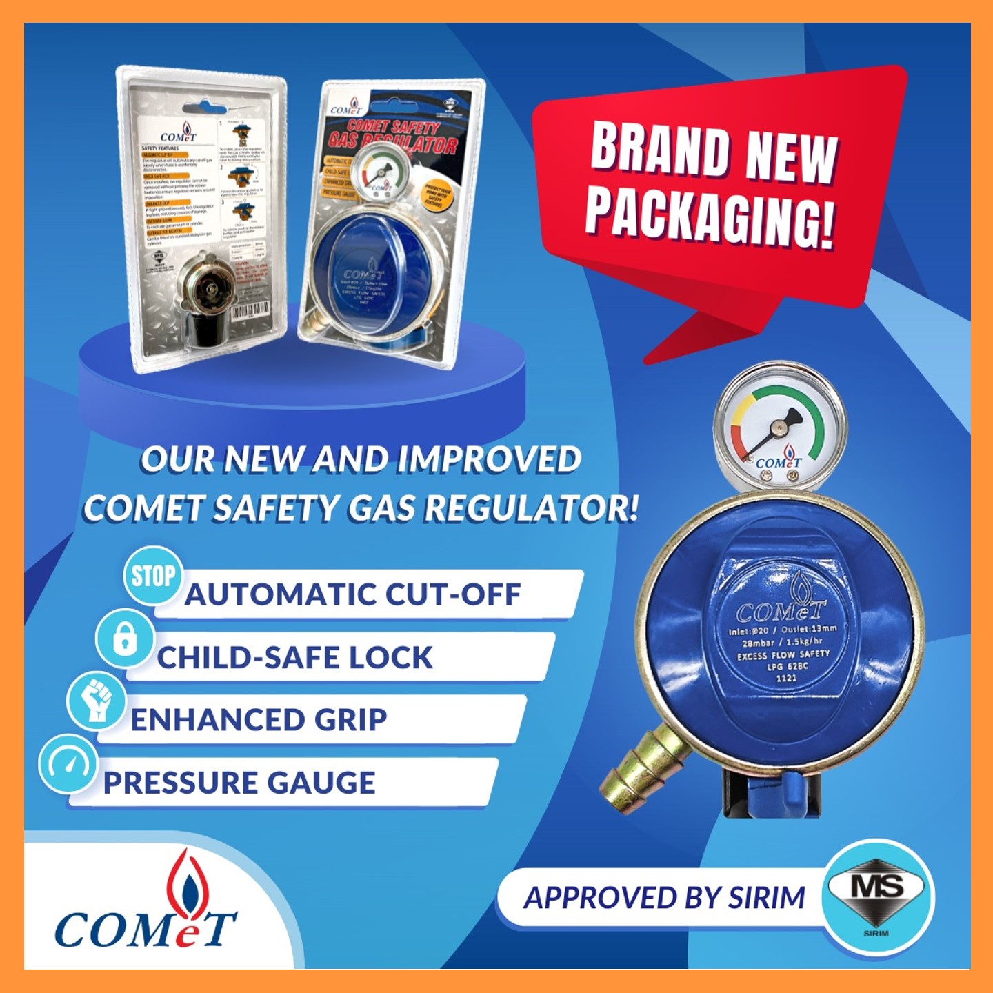 COMET SAFETY GAS REGULATOR WITH BUTTERFLY SIRIM LPG PRESSURE HOSRE 1.5 ...