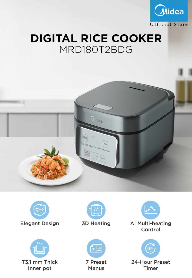 Midea MRD180T2BDG 1.8L Digital Rice Cooker With 7 Preset Menus & T3.1mm ...