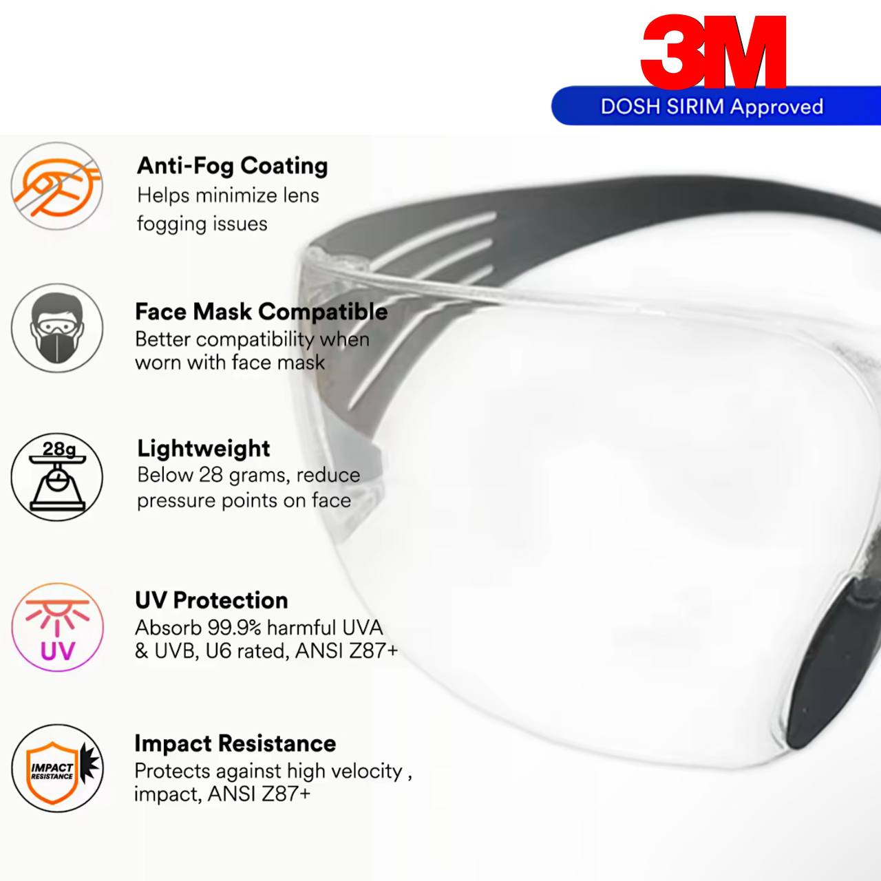3M SecureFit Lightest Safety Eyewear Anti-fog Anti Scratch Glasses ...