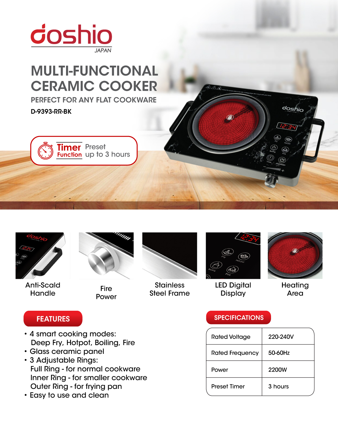 Doshio MultiFunctional Ceramic Cooker Touch Infrared 2200W Timer Dapur ...