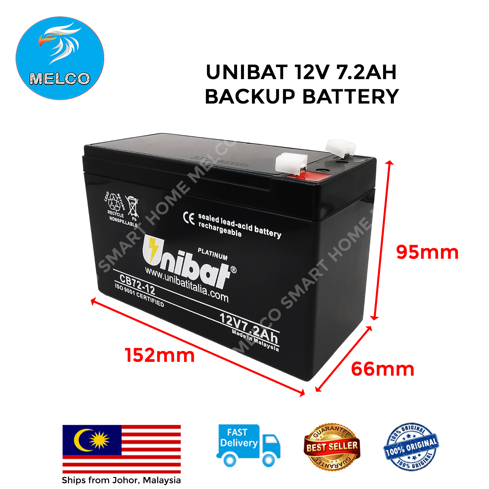 Unibat Battery 12V 7.2ah Home Alarm / Battery Backup 12V 7.2AH Battery ...