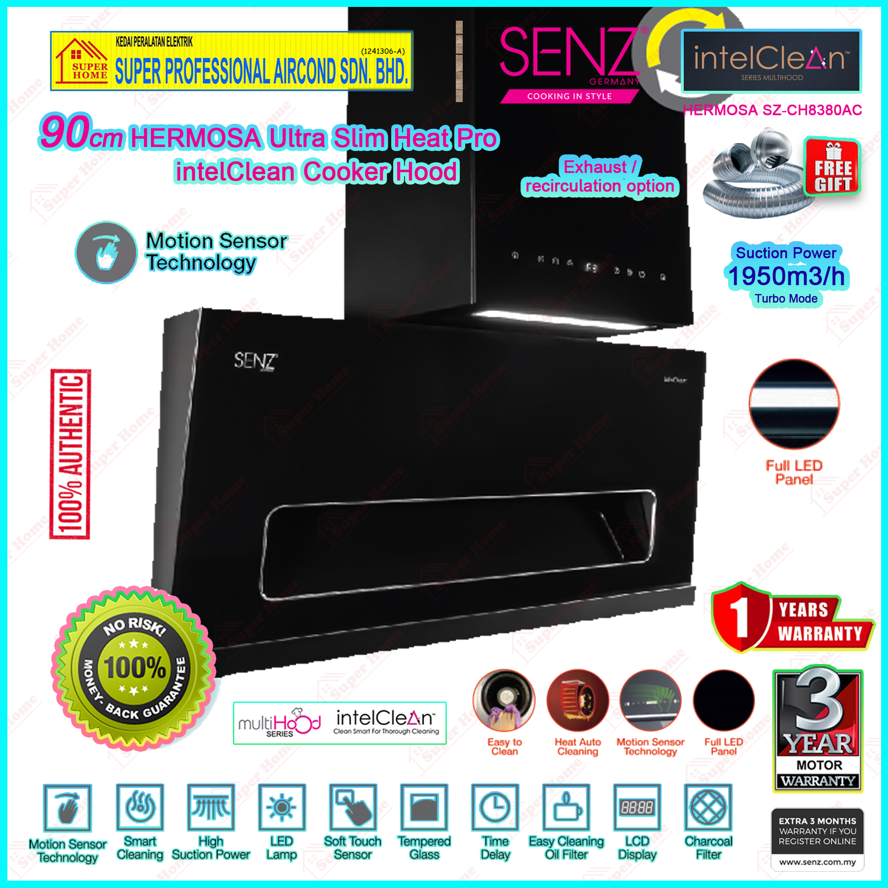SENZ Kitchen Hood HERMOSA SZ-CH8380AC Ultra Slim Heat Pro intelClean ...