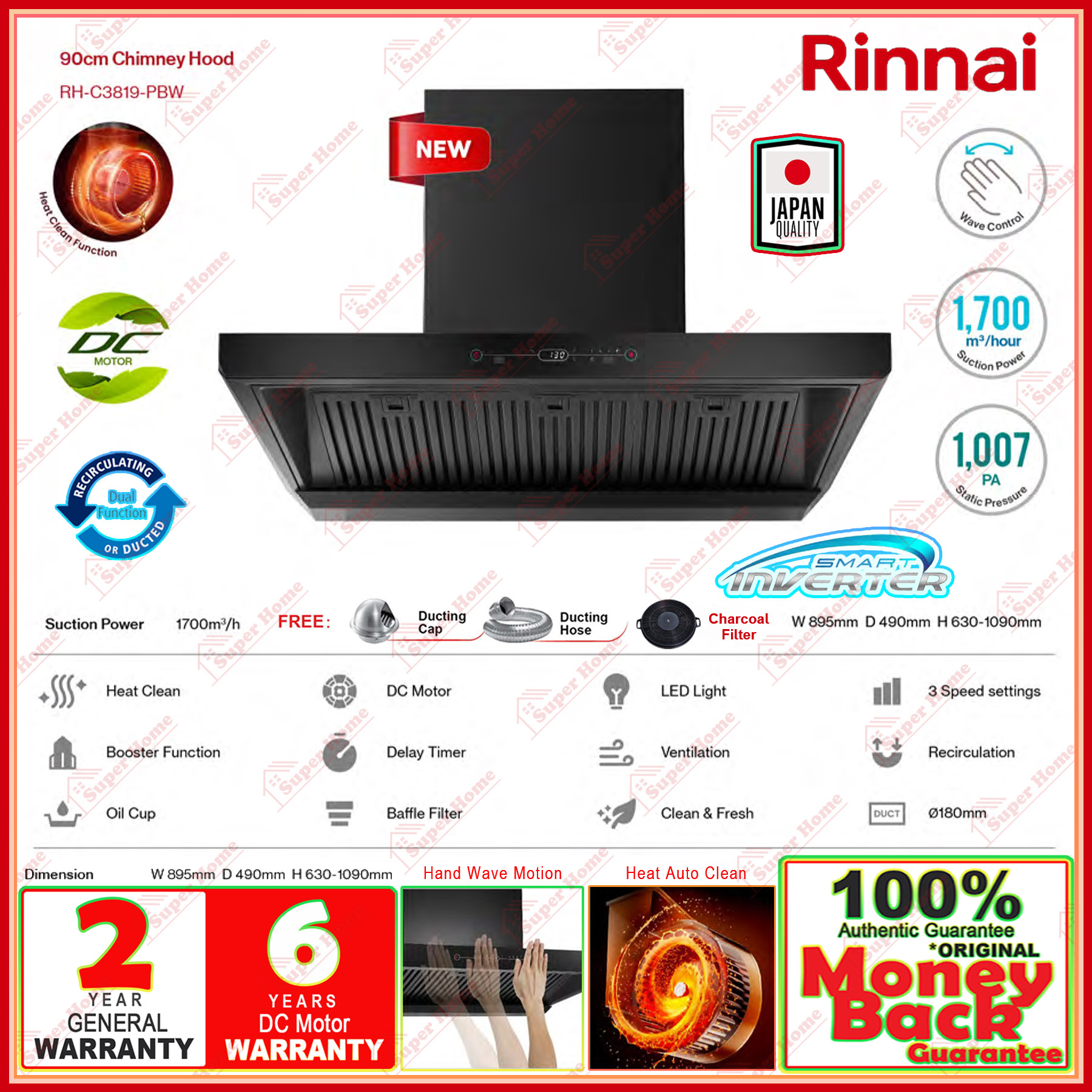 Rinnai Chimney Hood RH-C3819-PBW 90cm T-Shape Cooker Hood DC Motor | Shopee Malaysia