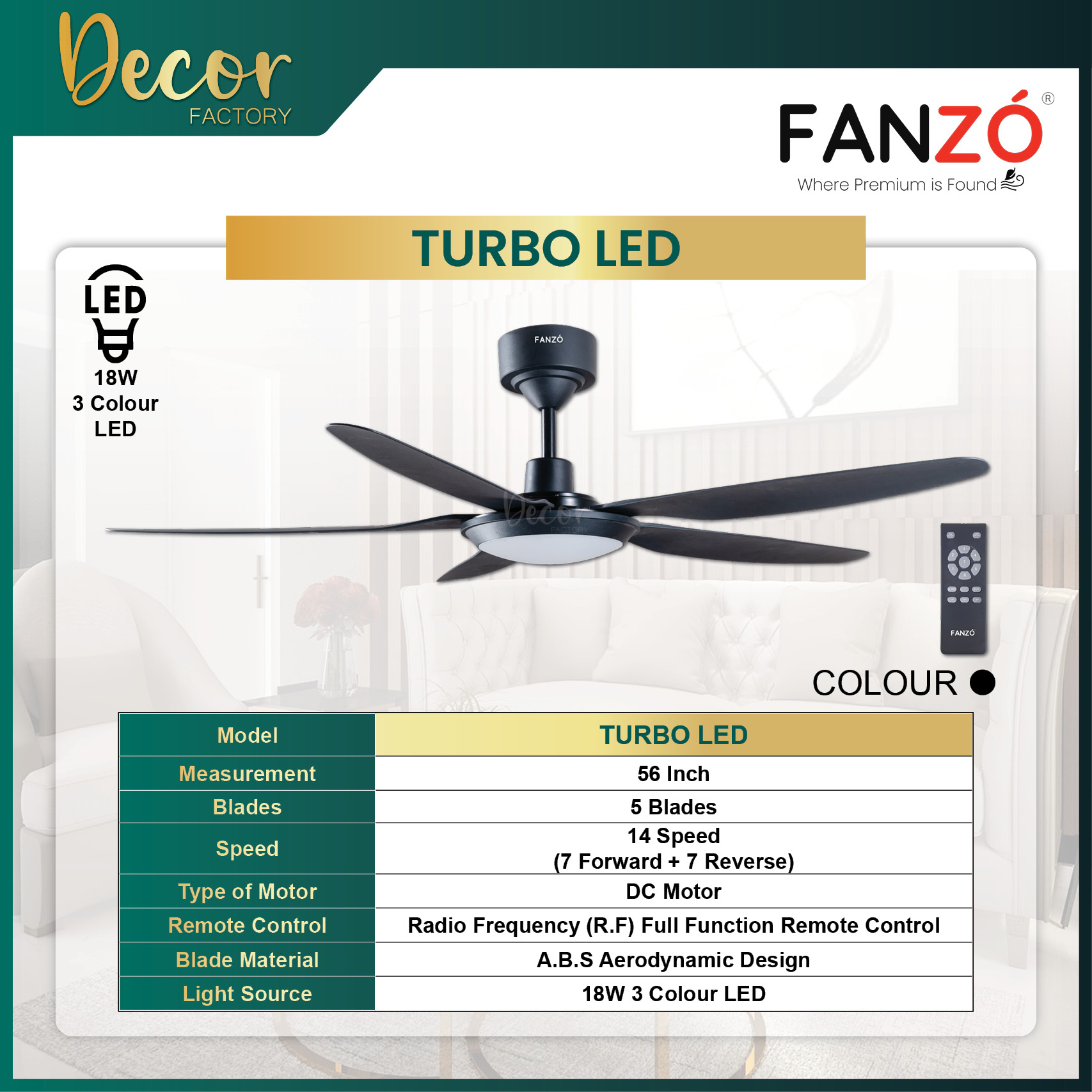 [NEW] FANZÓ Fan FANZO TURBO LED Fan 56" 5 Blades 14 Speed DC Motor 3 ...