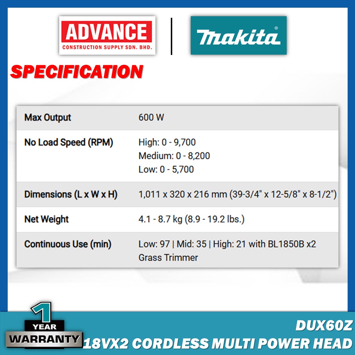 MAKITA DUX60Z 18Vx2 Cordless Multi Function Power Head ( EM408MP Grass ...
