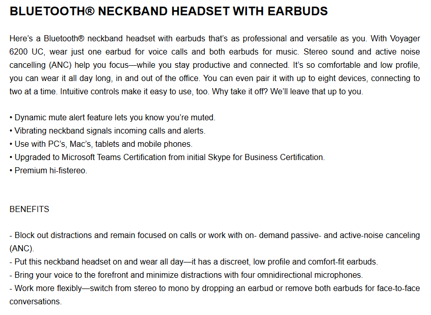 POLY Plantronics Voyager 6200 UC Bluetooth Neckband Headset with ...