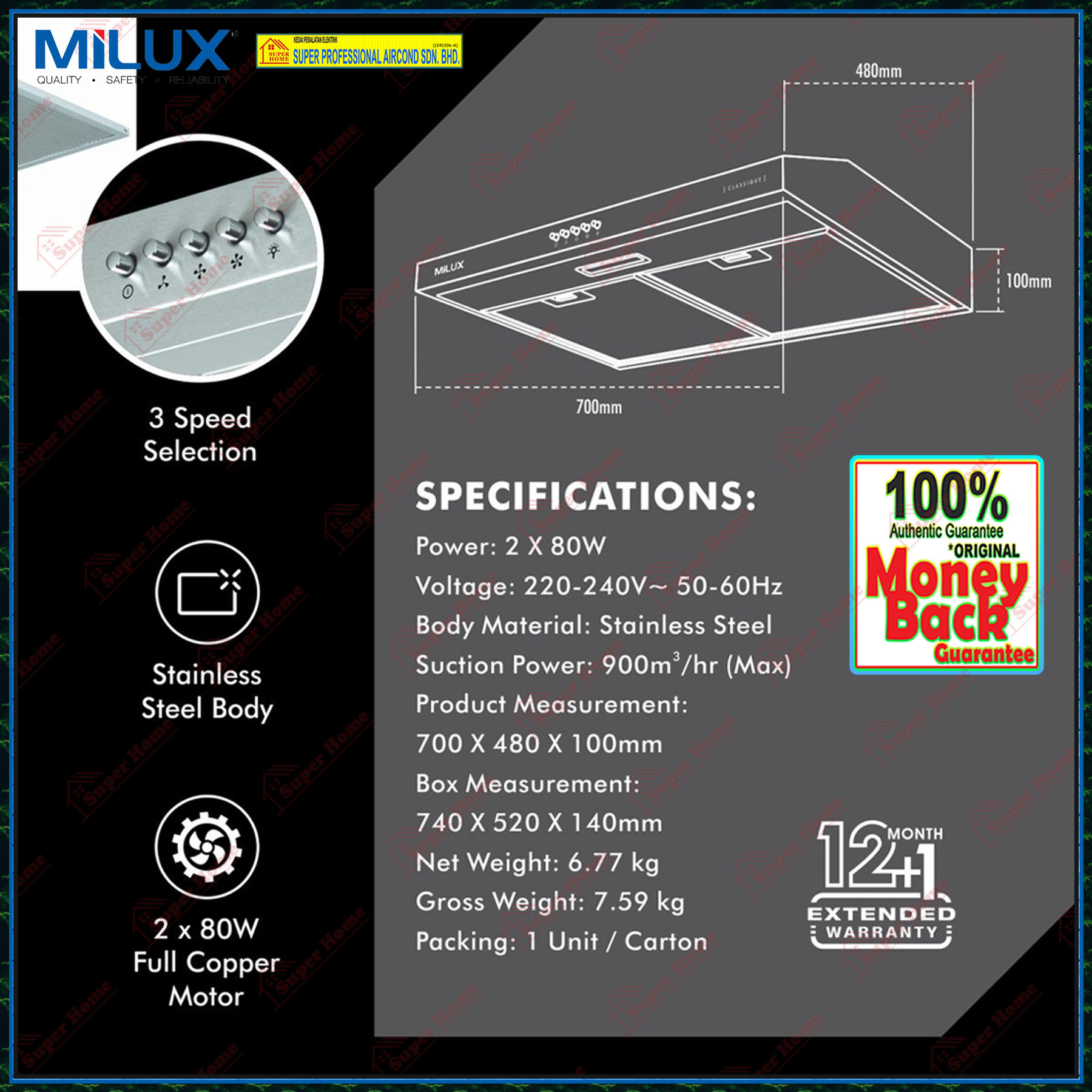 Milux Slim Hood MHS-S751 Stainless Steel Slim Cooker Hood (70cm ...