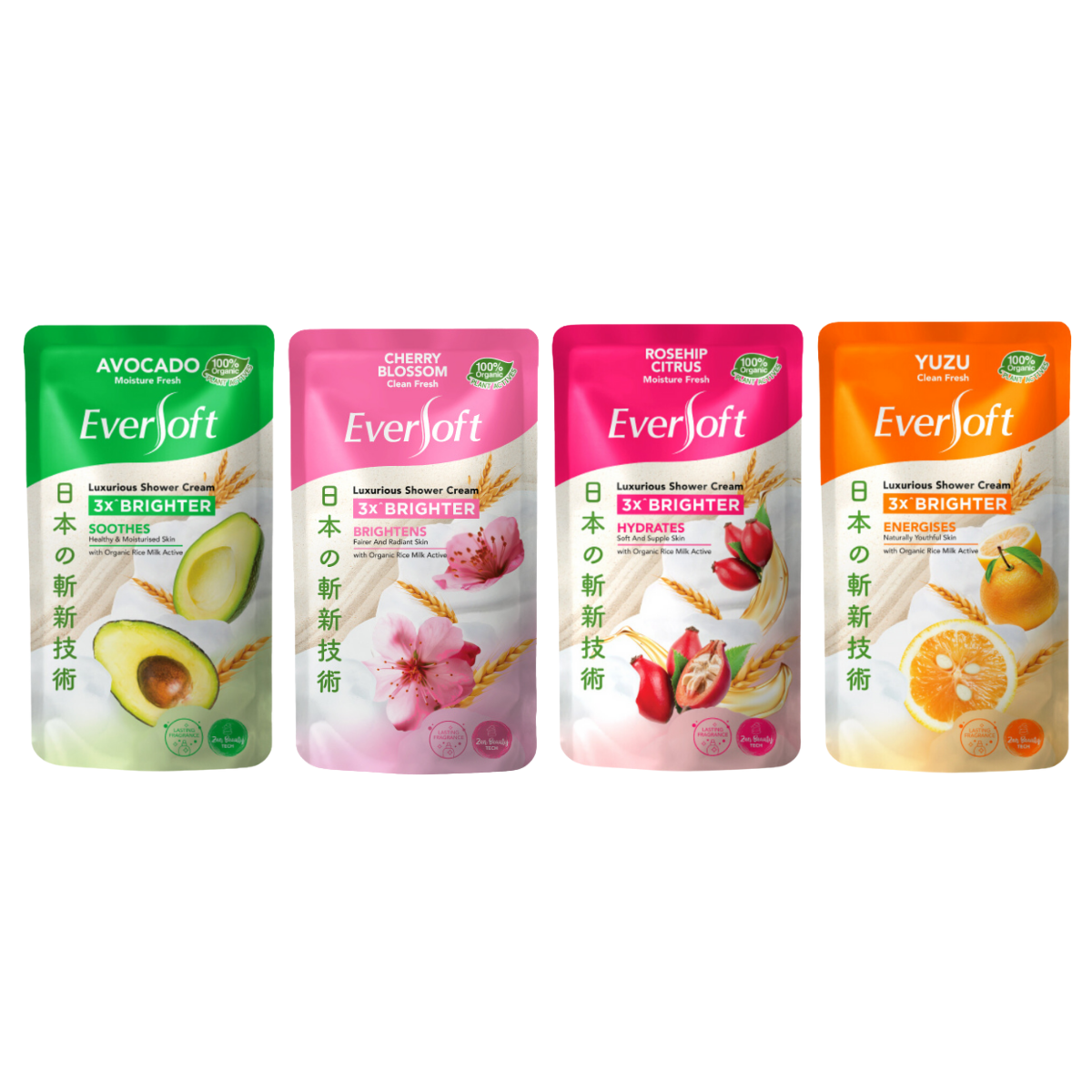 [Bundle of 3] Eversoft Shower Cream Pouch 550g | Avocado Cherry Blossom ...