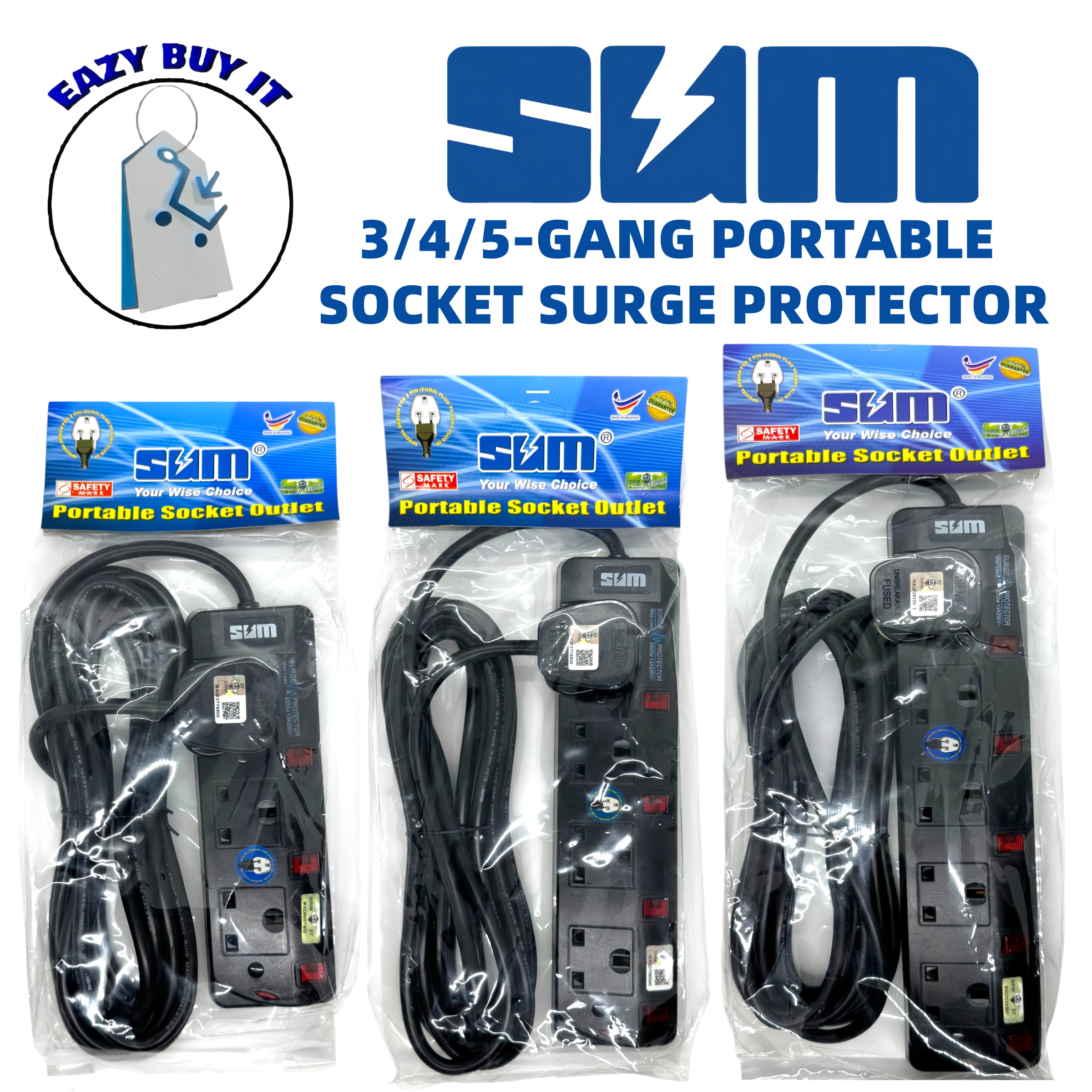 SUM 3/4/5-GANG PORTABLE SOCKET SURGE PROTECTOR WITH NEON (2M&5M ...