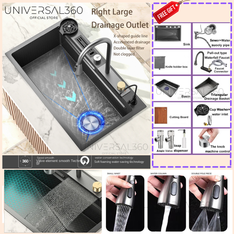 [BUY 1 FREE 12 GIFT] Honeycomb Sink SUS304 Kitchen Sink Waterfall Sink ...