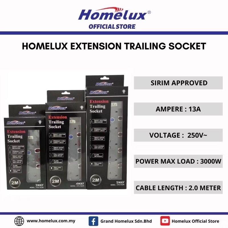 (SIRIM)HOMELUX Extension Trailing Socket 3/4&5gang 2Meter/Penyambung ...