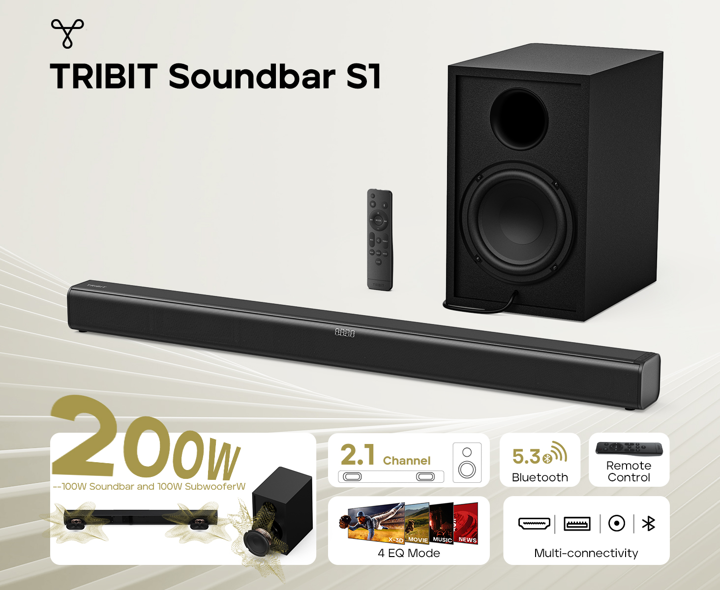 Tribit Soundbar Speaker S1 with Wired Subwoofer Deep Bass 200W, 2.1 ...