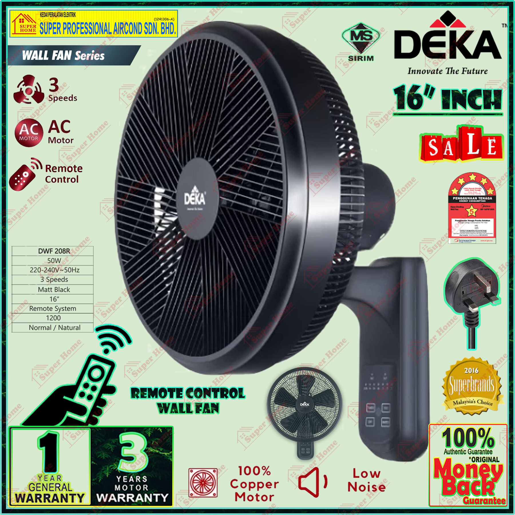 Deka Wall fan 16 inches Wall Fan (Pull String - DWF3 / DWF 208R ...