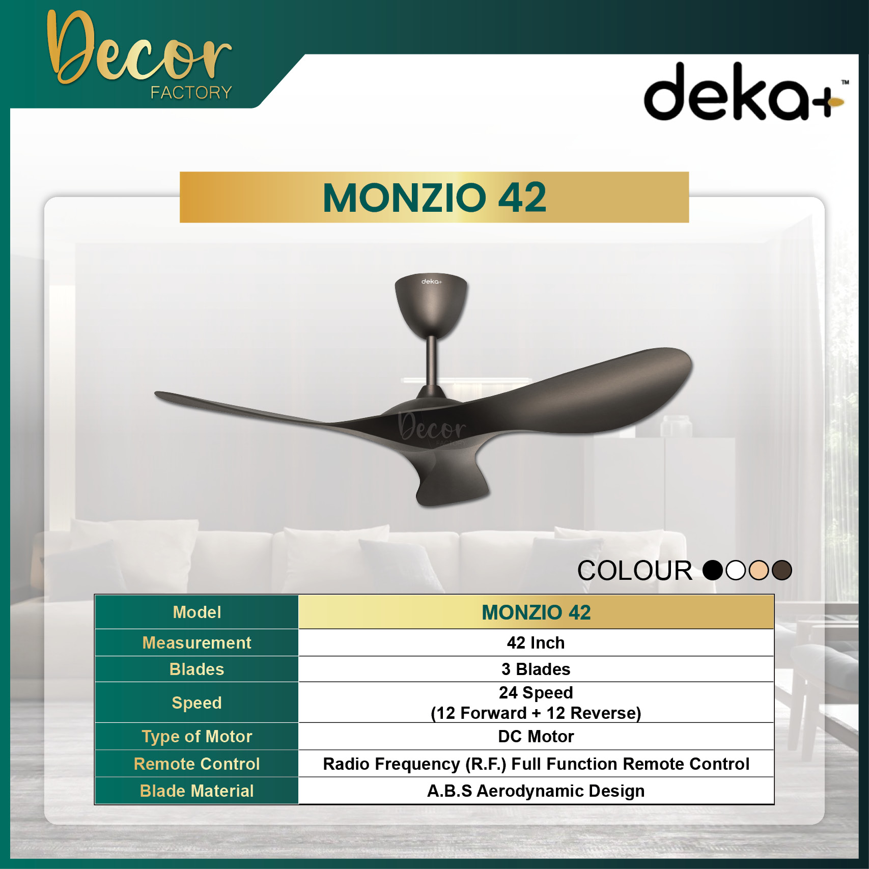 DEKA Fan DEKA+ MONZIO 42'' 3 Blades 24 Speeds+Reverse Mode Remote ...