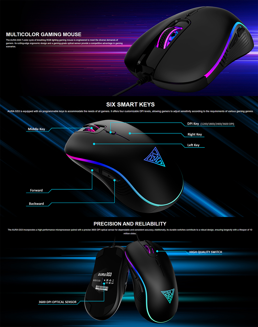 Gamdias AURA GS3 Multicolor Gaming Mouse 6 Multi-functional Keys 3600 ...