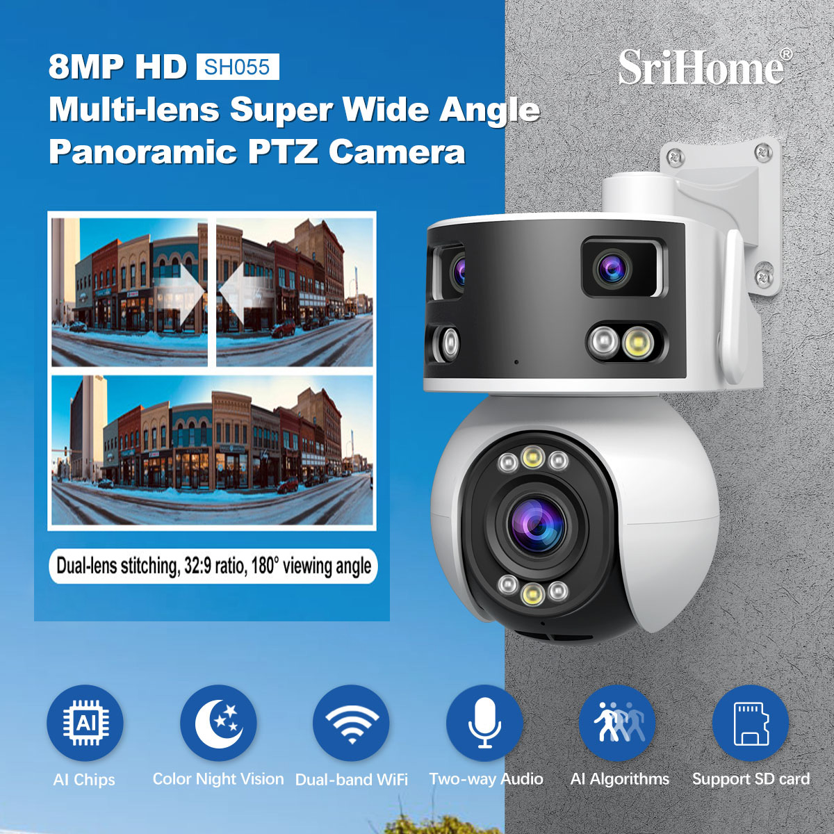 SriHome SH055 Multi-Lens CCTV Super Wide Angle 8MP Panoramic PTZ ...