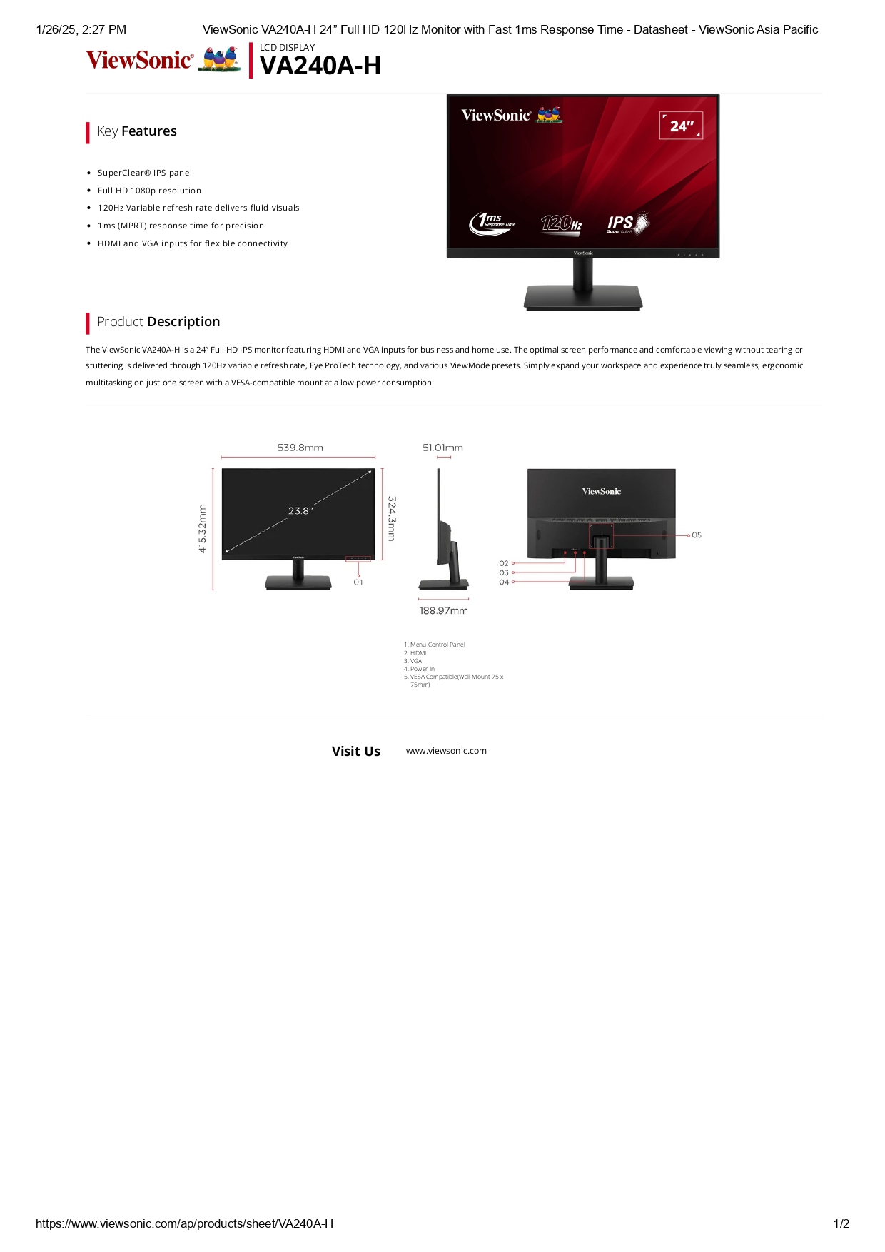 VIEWSONIC VA240A-H (120HZ) / VA2432-H (100hz ) IPS FHD Monitor ( 23.8 ...