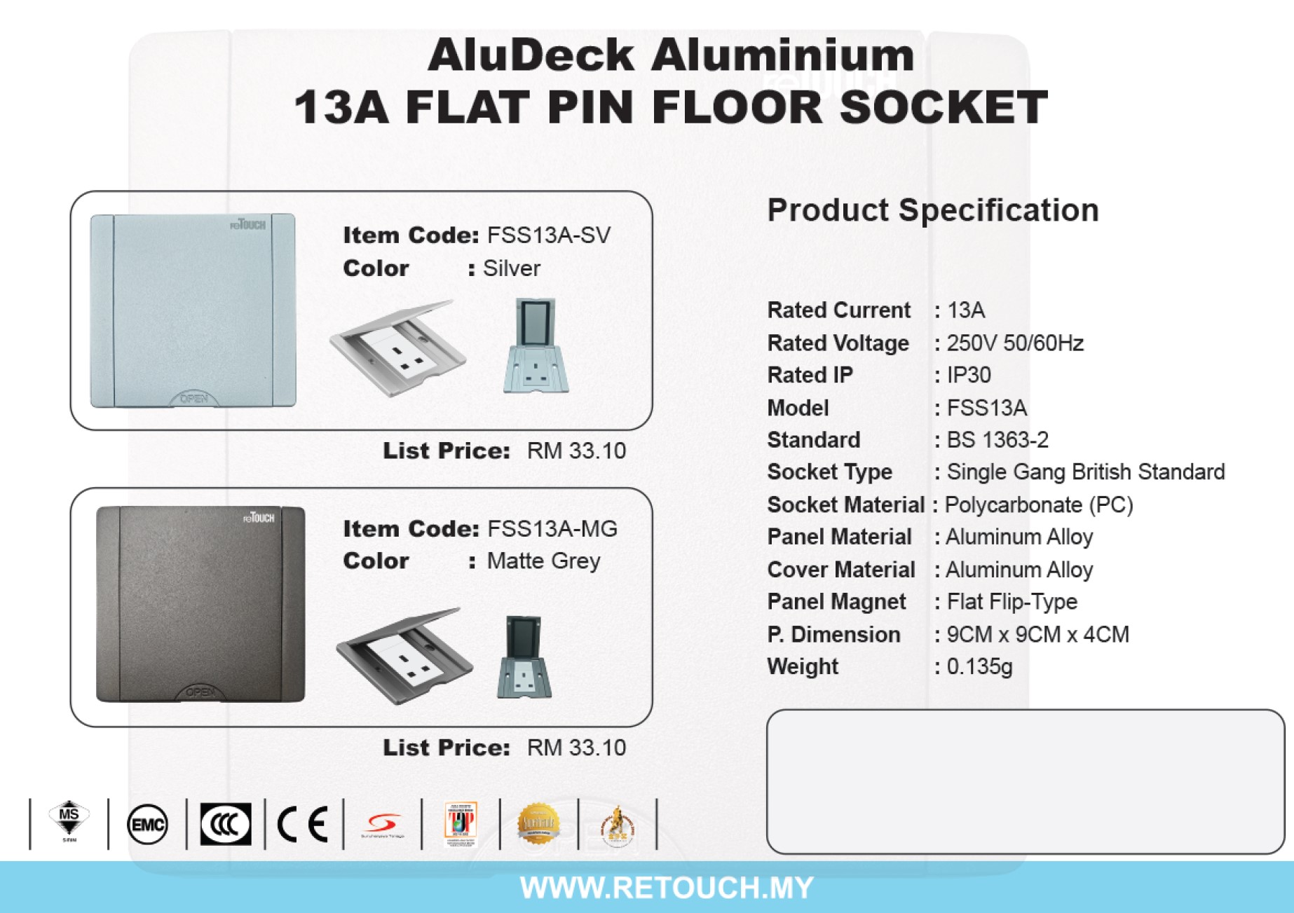 [SIRIM] reTouch 13A Flat Pin AluDeck Aluminum Alloy Floor Socket IP30 ...