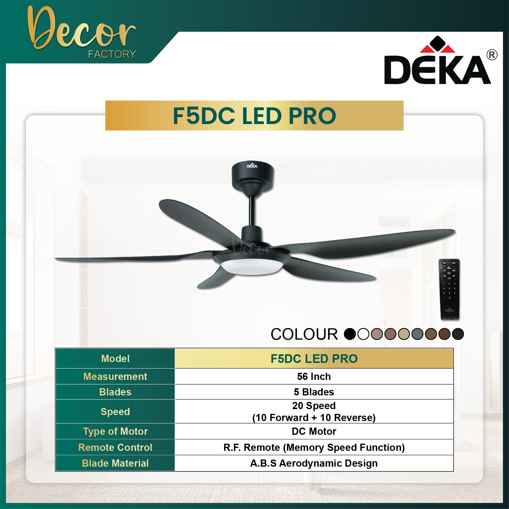 DEKA Fan DEKA DC2LED DC2-313 LED DEKA F5DC LED PRO 56" 5 Blades DC ...