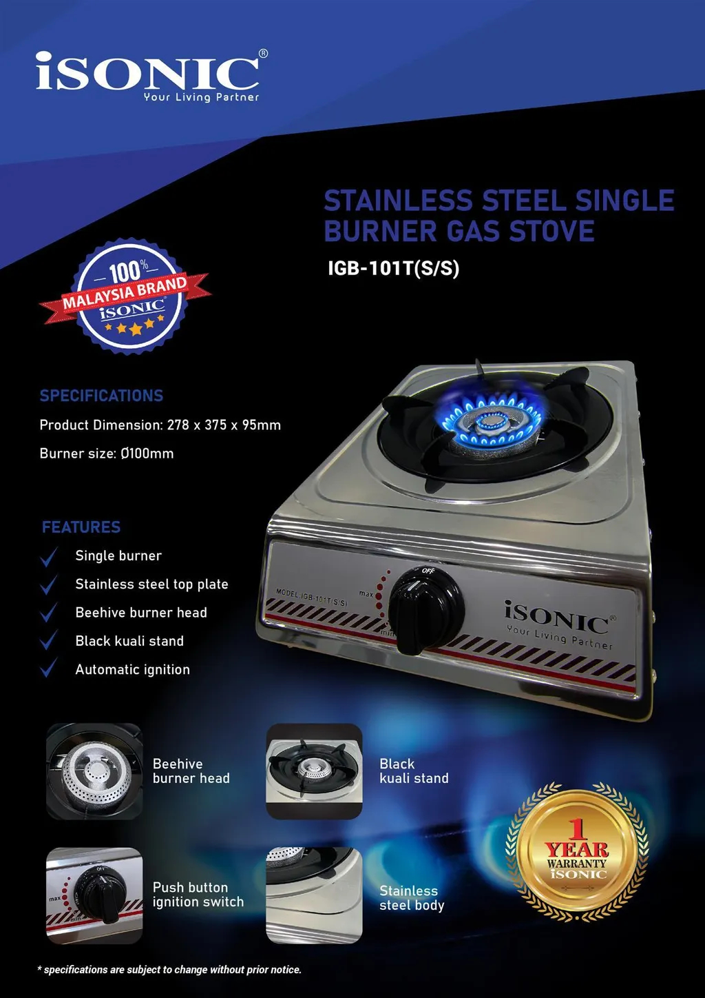 Pensonic/iSONIC/Milux/MECK Stainless Steel Single Burner Gas Cooker ...